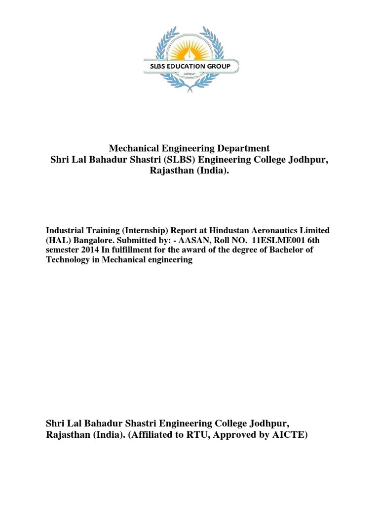 Internship Report at HAL Bangalore | PDF | Aviation