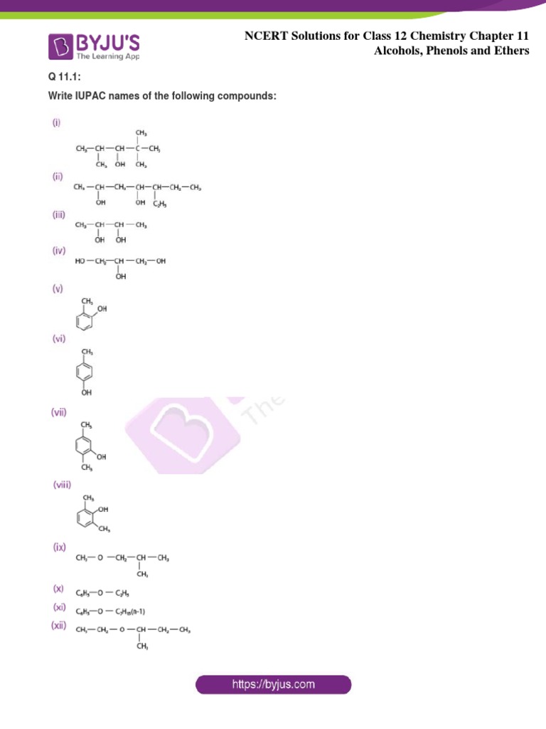 NCERT Solutions For Class 12 Chemistry Chapter 11 Alcohols Phenols and ...