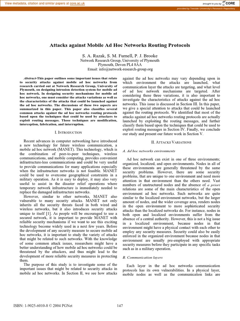 Attacks Against Mobile Ad Hoc Networks Routing Protocols: S. A. Razak, S. M. Furnell, P. J ...
