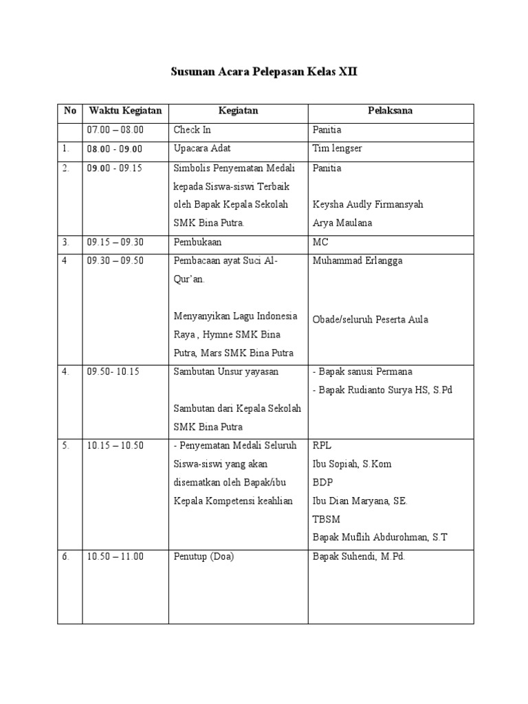 Susunan Acara Pelepasan Kelas XII | PDF
