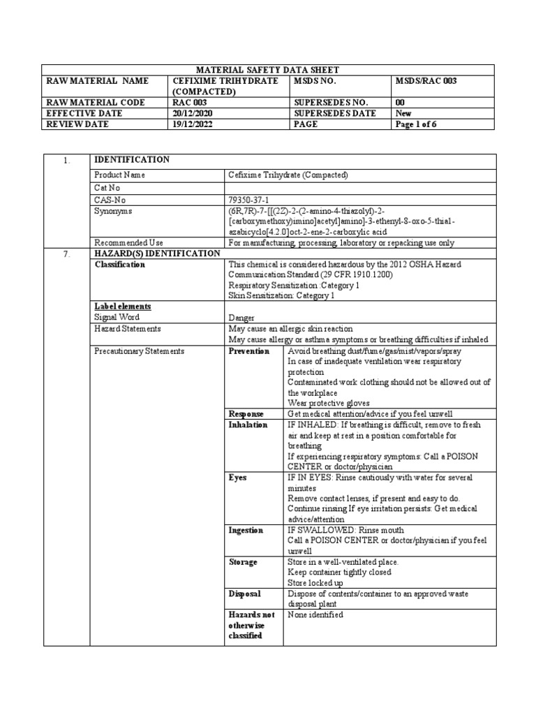 Cefixime Trihydrate MSDS Overview | PDF | Combustion | Personal ...