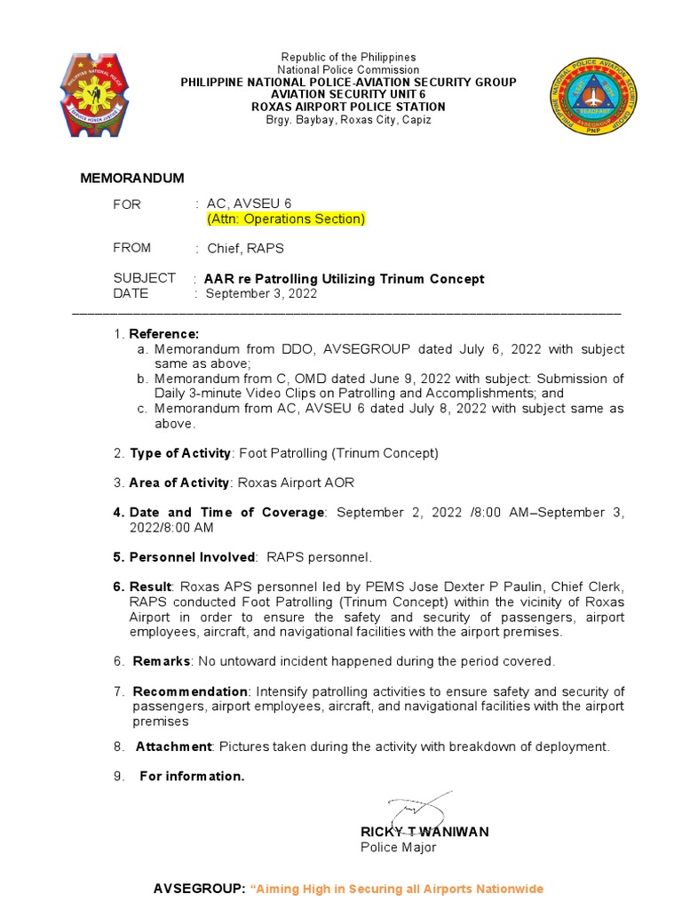 AAR Re Patrolling Utilizing Trinum Concept-September 3, 2022 | PDF