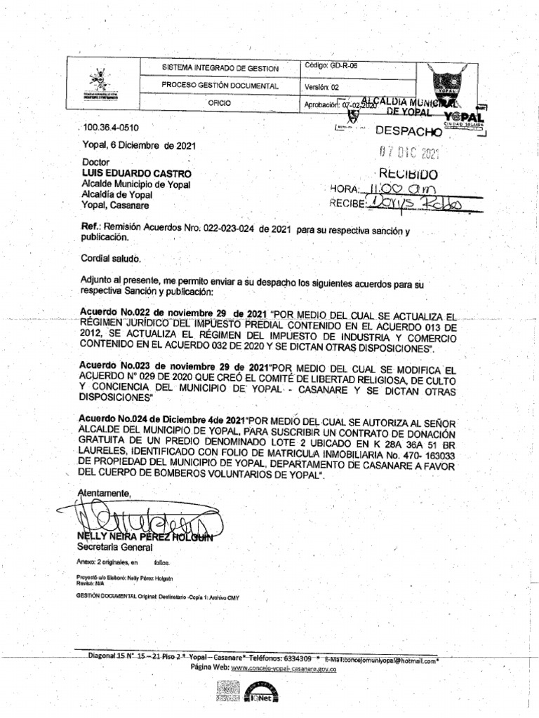 Acuerdo 022 Nov 29 Del 2021 Ind y Cio Yopal | PDF