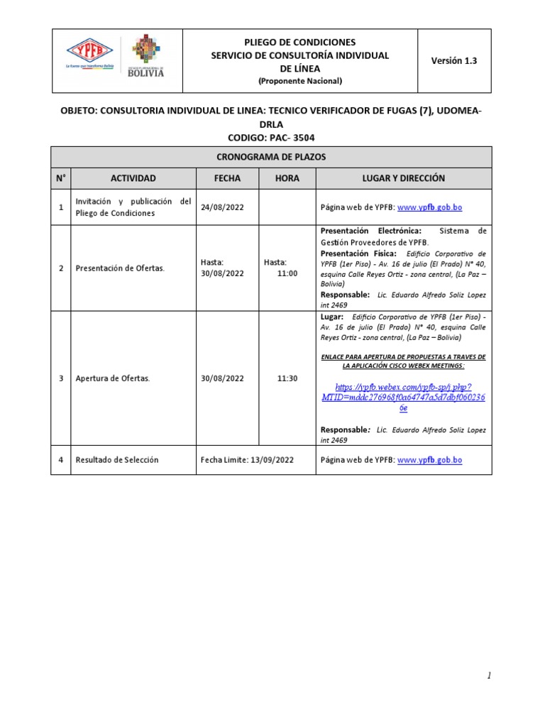Pliego de Condiciones Servicio de Consultoria Pac-3504 | PDF