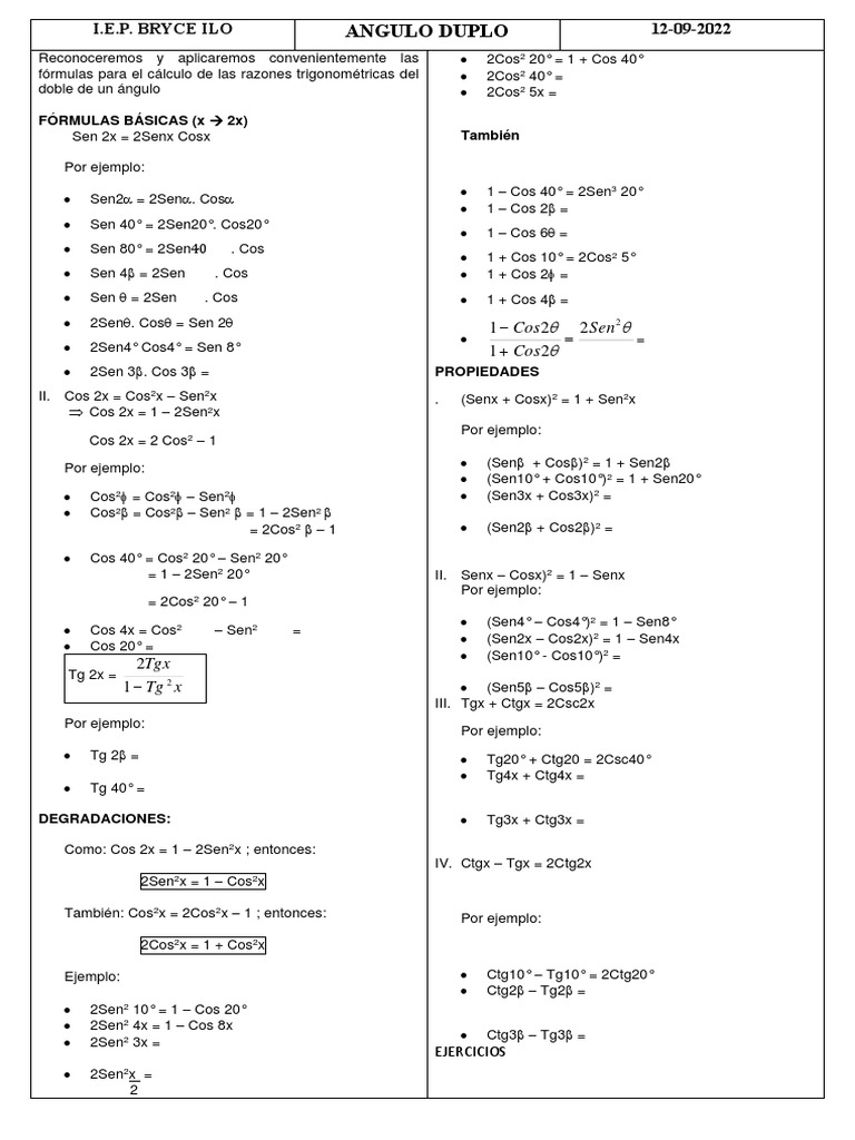 Fórmulas trigonométricas para el cálculo de ángulos dobles | PDF ...