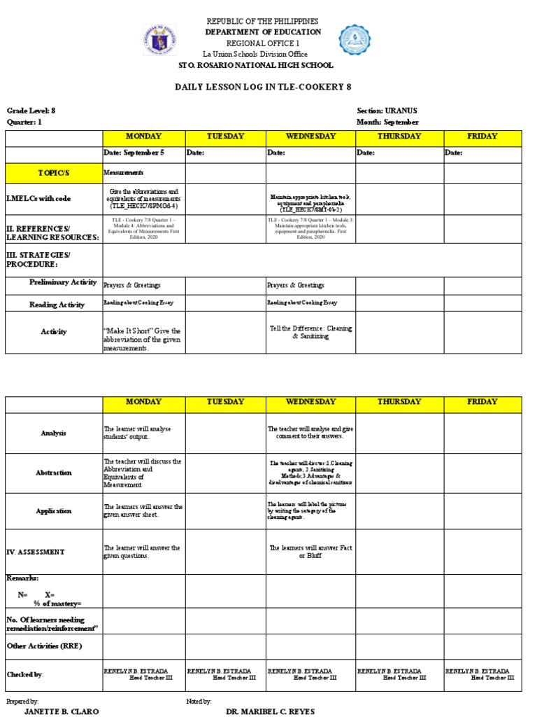 Daily Lesson Log in TLE-Cookery 8: Focus on Measurements, Tools, and ...