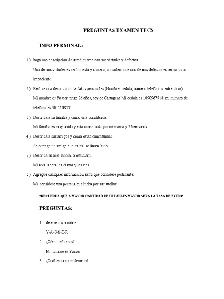 Preguntas Examen Tecs Español | PDF