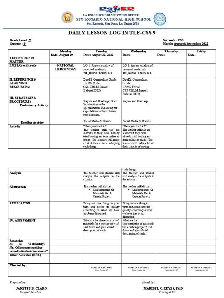 Daily Lesson Log in Tle-Css 9: Sto. Rosario National High School | PDF | Teaching | Pedagogy
