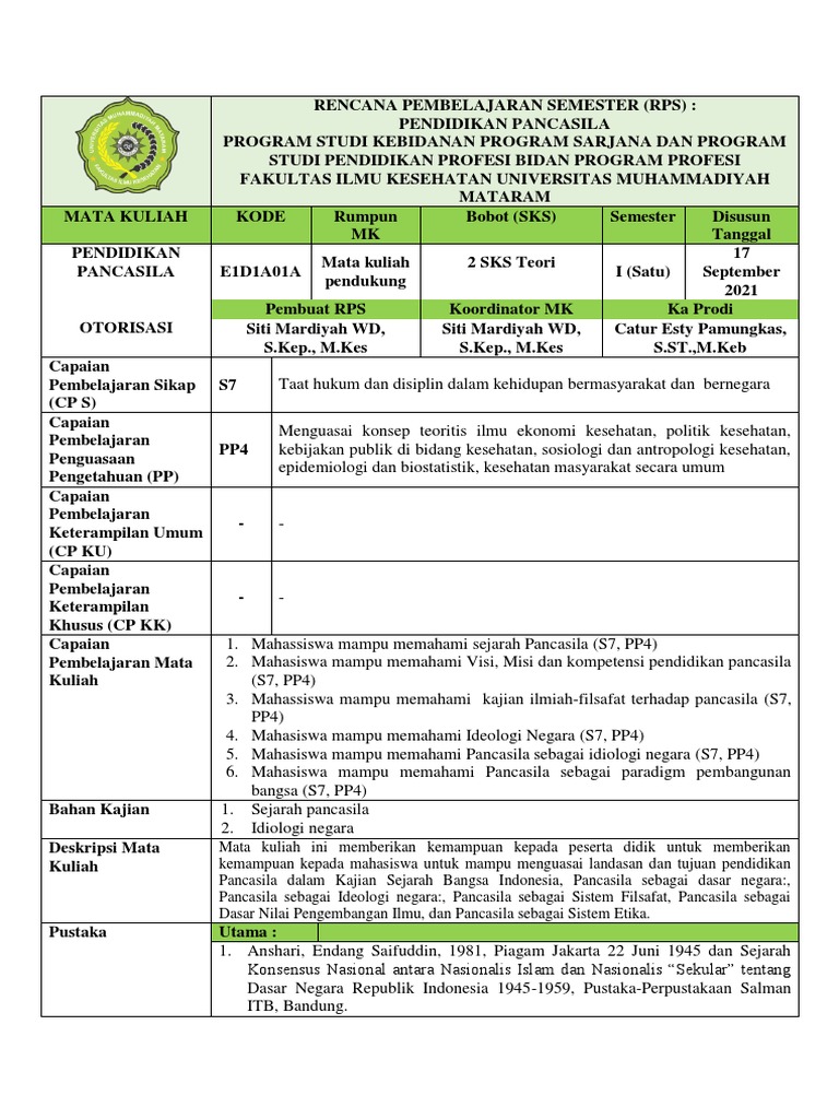 RPS Pendidikan Pancasila | PDF