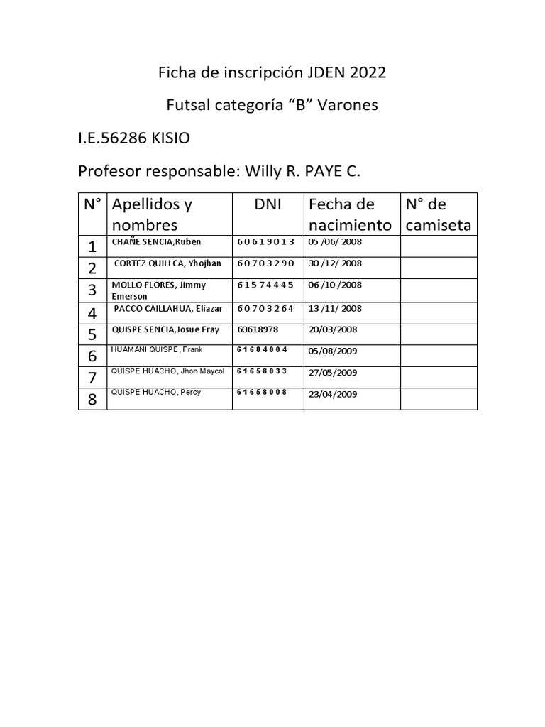 Ficha de Inscripción JDEN 2022 | PDF