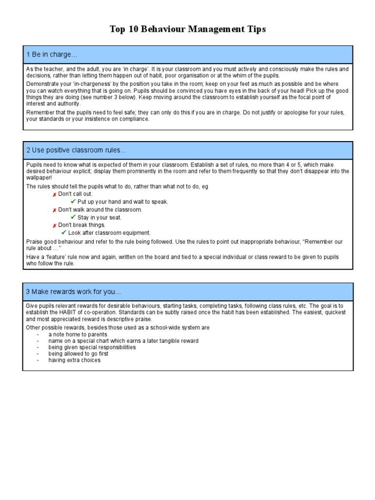 Top 10 Behaviour Management Tips | PDF