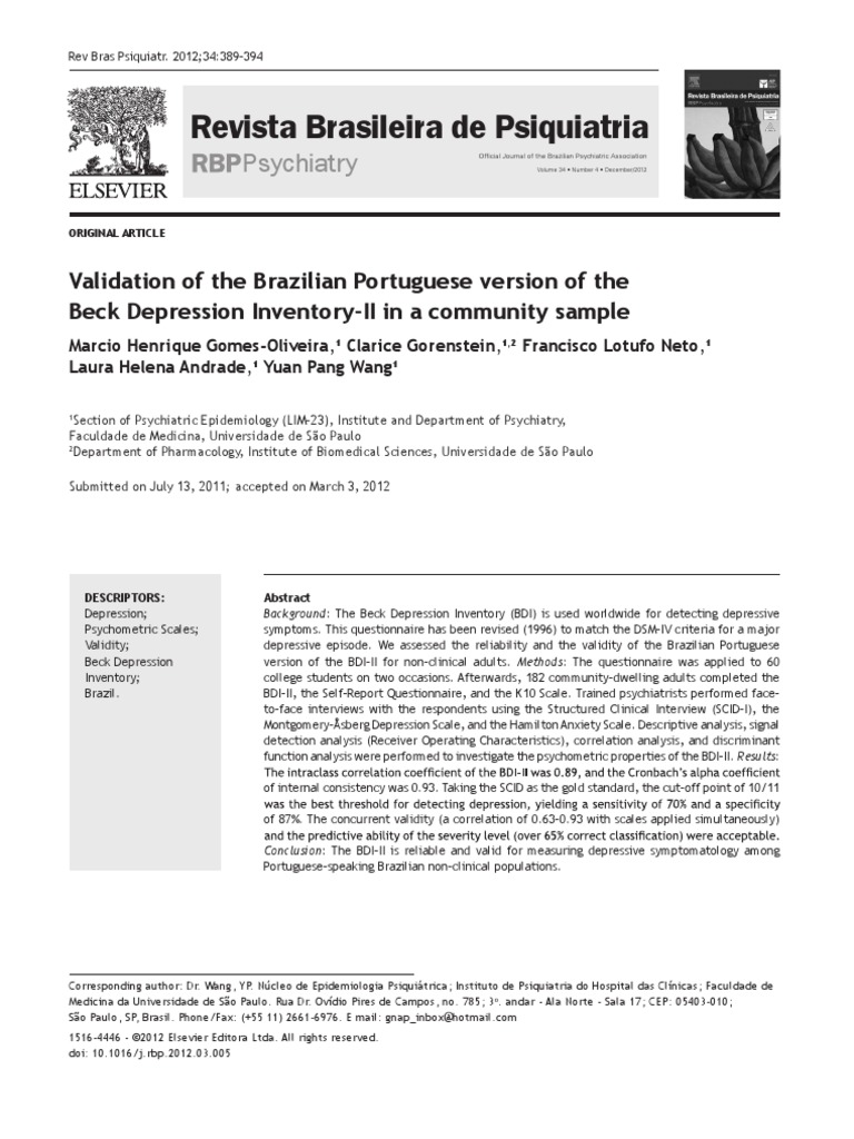 Validation of The Brazilian Portuguese Version of The Beck Depression ...