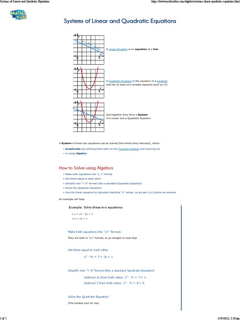 Systems of Linear and Quadratic Equations | PDF | Quadratic Equation | Equations