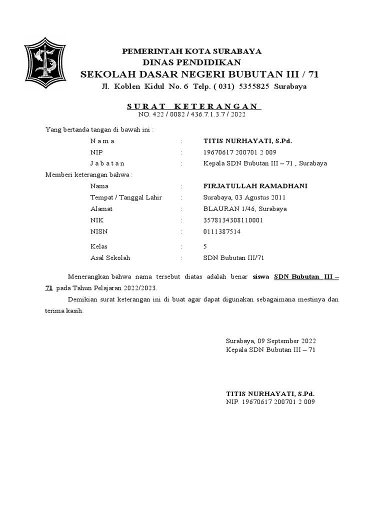 Surat Keterangan Benar Benar Siswa | PDF