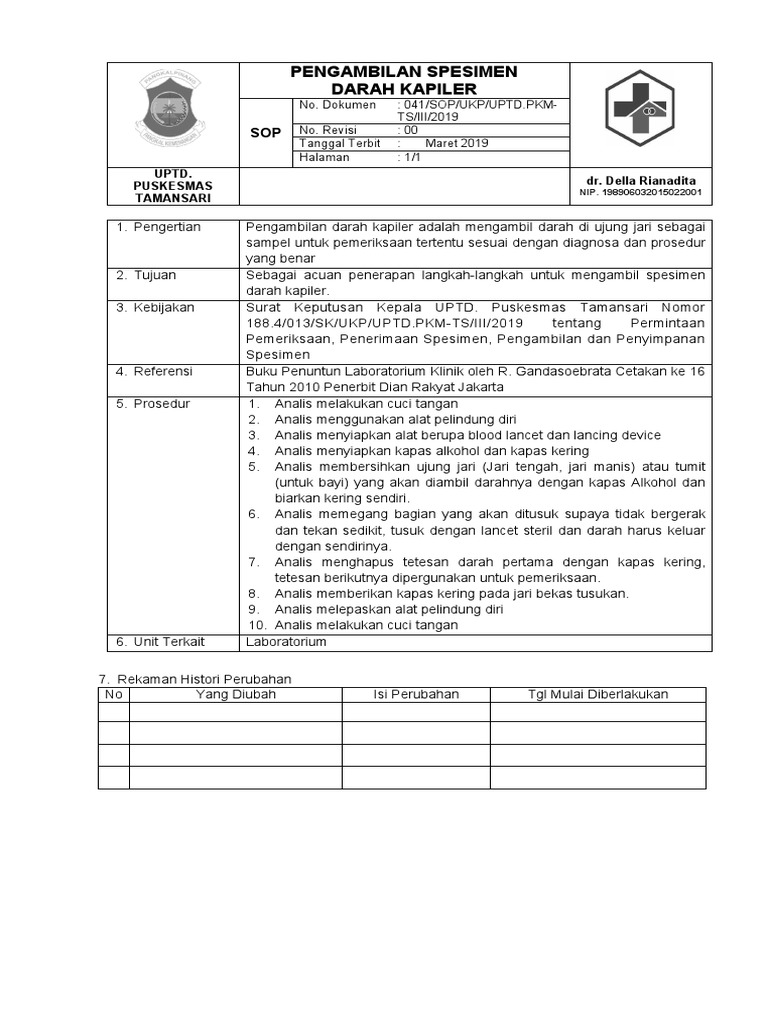 8.1.2.1 Sop Pengambilan Sampel Darah Kapiler | PDF