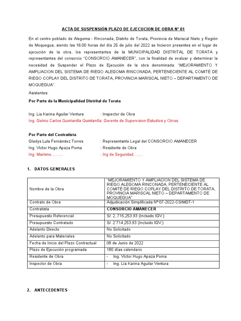 ACTA DE SUSPENSIÓN PLAZO DE EJECUCION DE OBRA ALEGOMAoki | PDF | Causas de la muerte | Epidemiología
