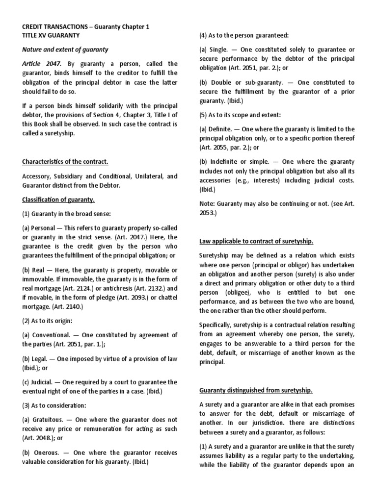 CREDIT TRANSACTION Guaranty Chapter 1 | PDF | Guarantee | Surety