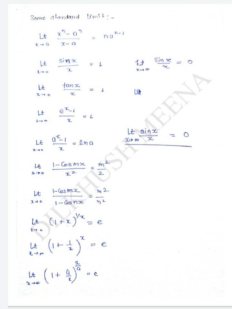 Some Standard Limit Maths Handwritten Notes | PDF