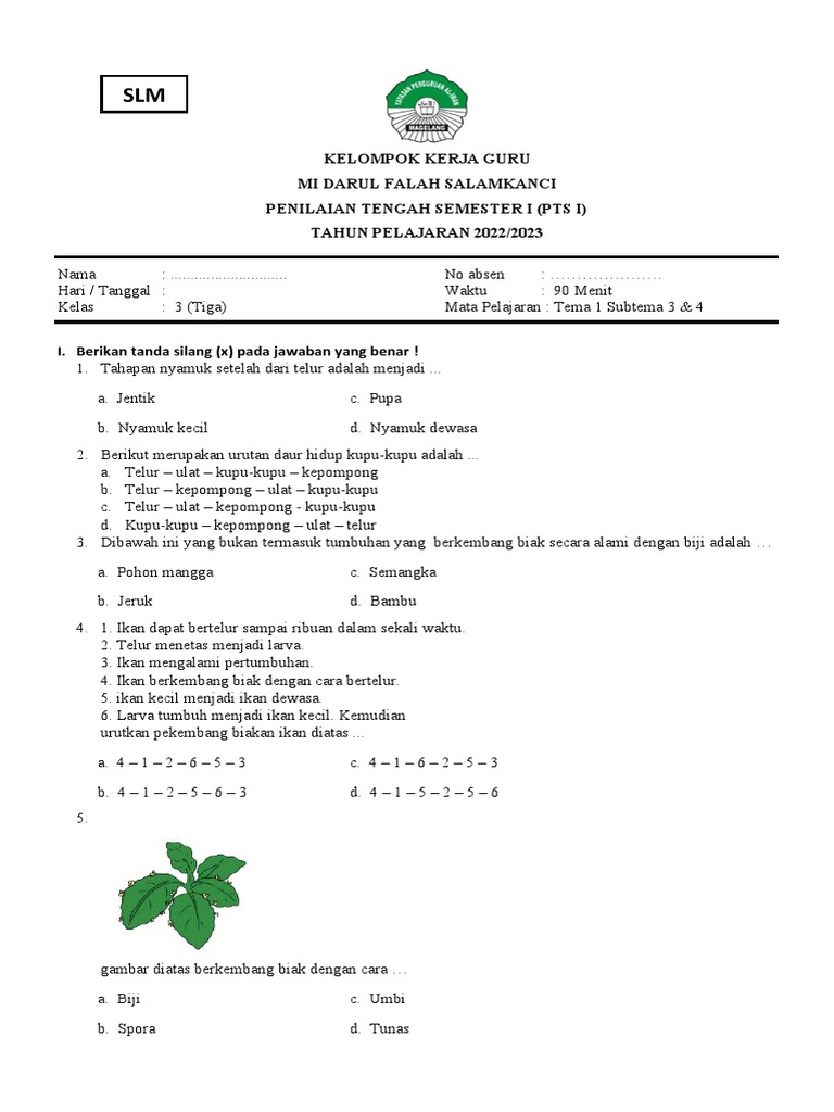 Soal PTS Kelas 3 Tema 1 Sub 3&4 | PDF