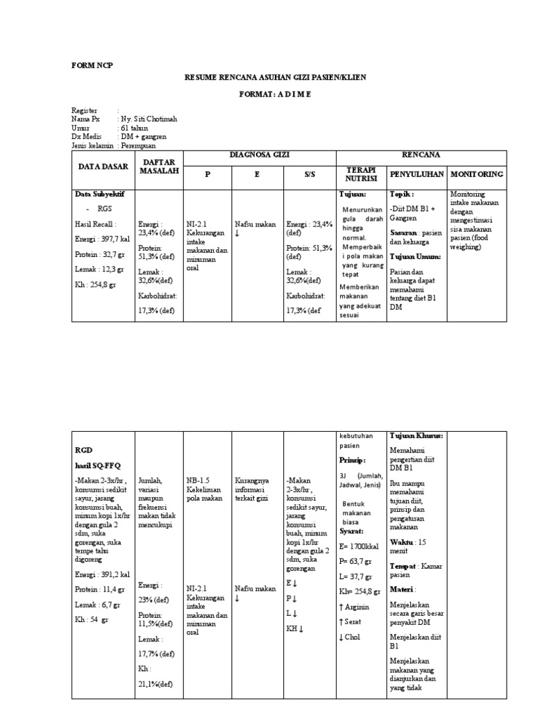 Form NCP Resume Rencana Asuhan Gizi Pasien/Klien Format: A D I M E | PDF