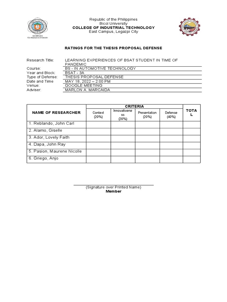 Ratings For Proposal Defense | PDF | Technology & Engineering