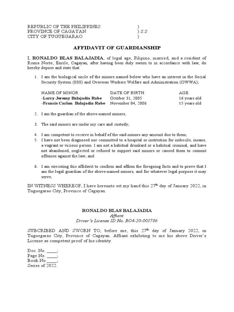 Affidavit of Guardianship | PDF | Affidavit | Common Law
