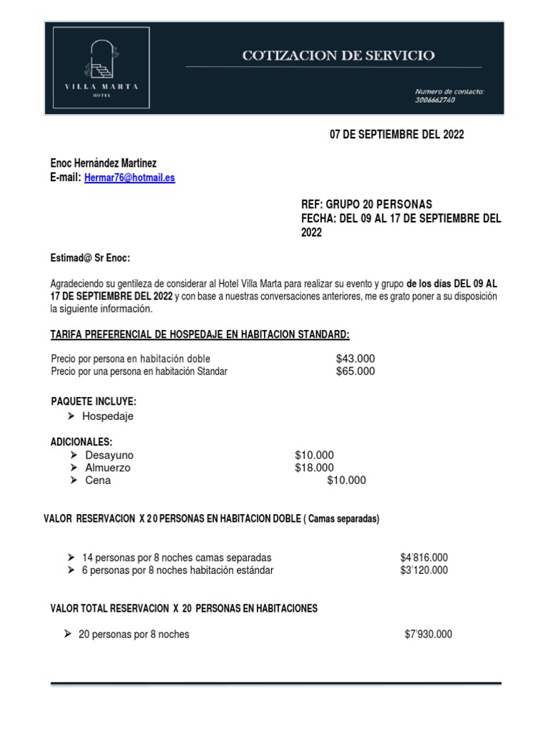 Cotizacion de Servicio ENOC | PDF | Hotel