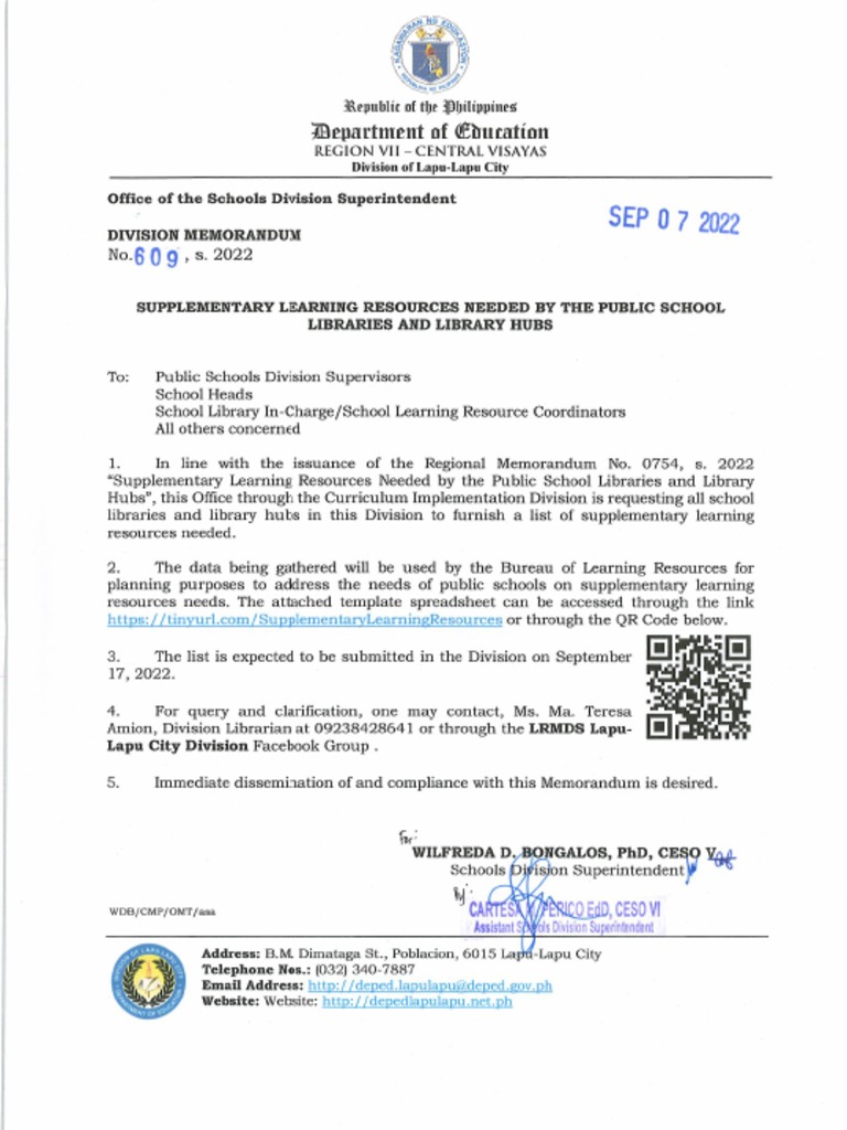 DM No. 609, S. 2022 - Supplementary Learning Resources Needed by The ...