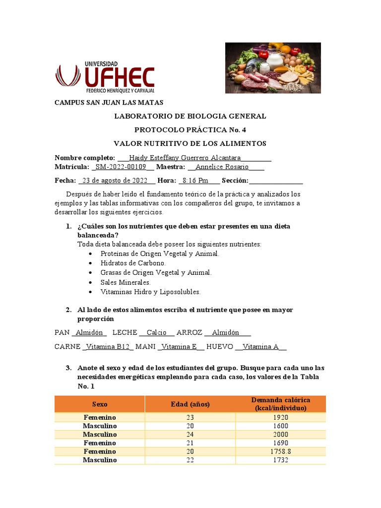Protocolo Practica 4 Valor Nutritivo de Los Alimentos | Descargar ...