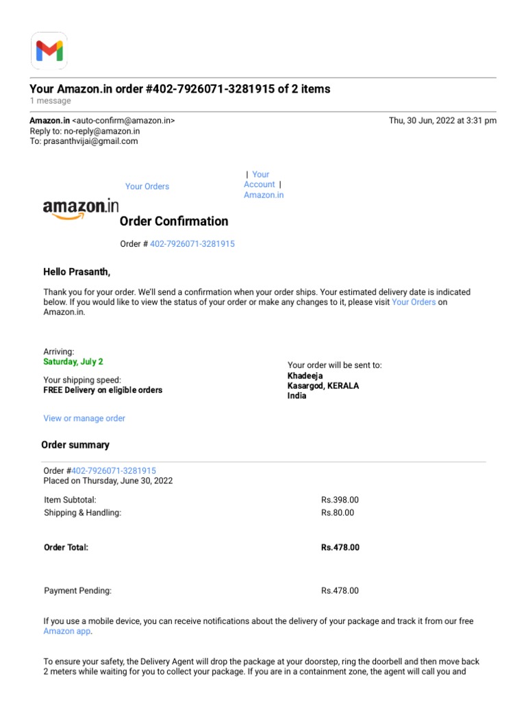 Gmail - Your Amazon - in Order #402-7926071-3281915 of 2 Items ...