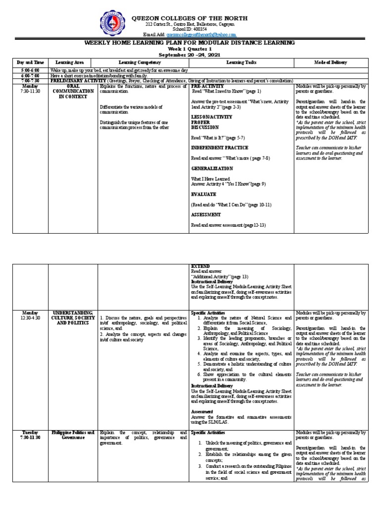 WEEKLY LEARNING PLAN 2021 2022 PDF Learning Social Sciences