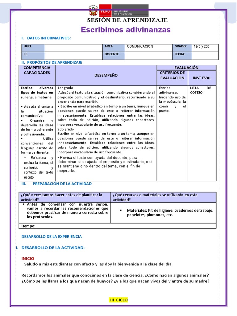 02 de Set - Com - Esribimos Adivinanzas - Iii Ciclo | PDF | Evaluación