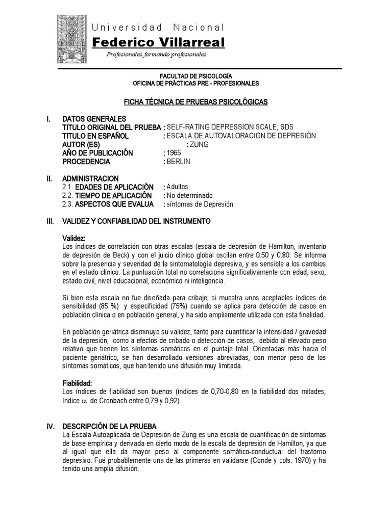 Ficha Tecnica de Escala de Depresion de Zung | PDF | Depresión (estado de ánimo) | Escala Likert