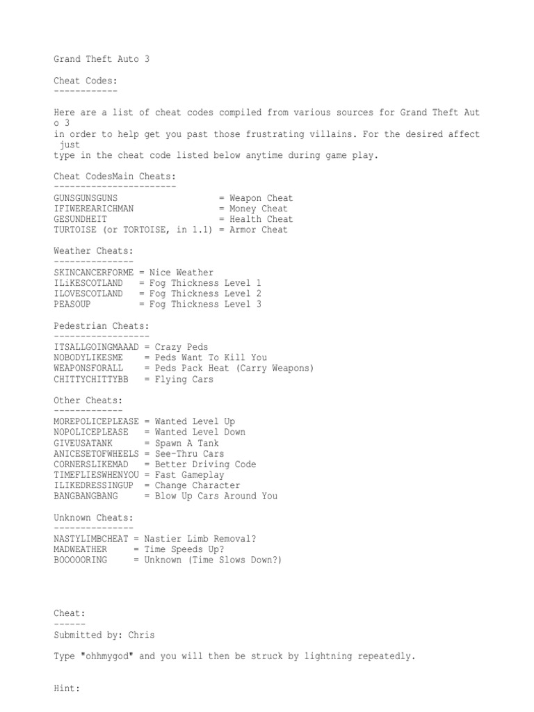 GTA3 Cheates | Cheating In Video Games | Computer File