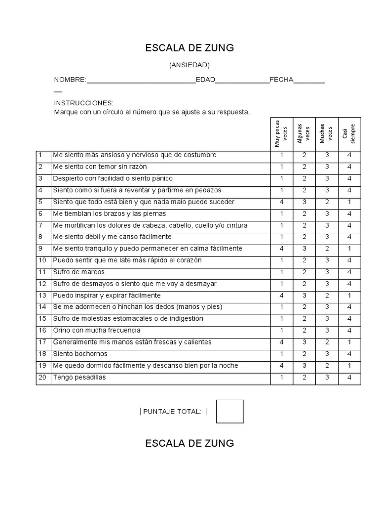 Escala de Ansiedad y Depresión Zung | PDF