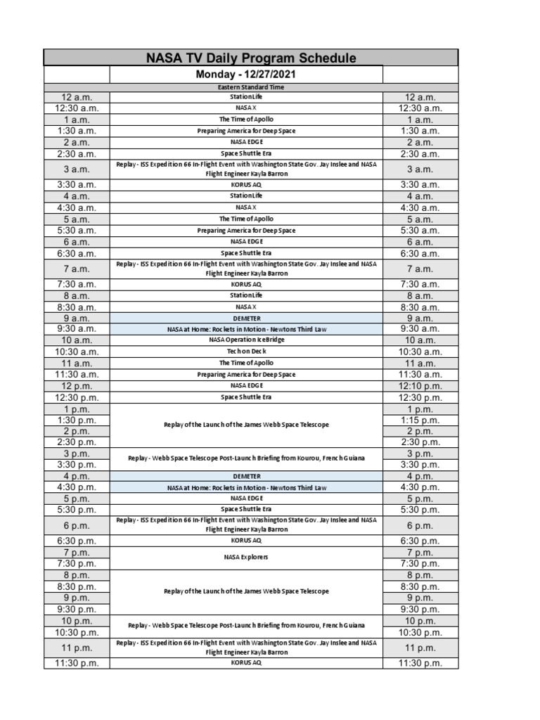 Nasa TV Schedule f0r Week of 12-27-2021 | PDF | Nasa | International ...