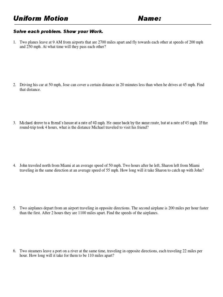 Uniform Motion Worksheet2 | PDF | Speed | Transport