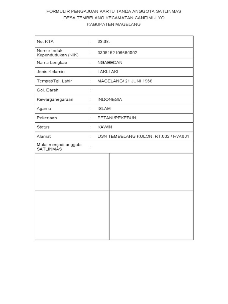 Format Ajuan KTA Linmas TBL FIK | PDF