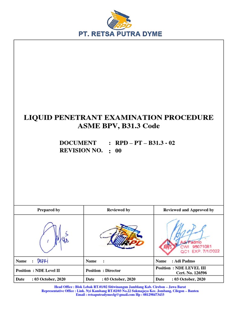 2 - RPD - PT - B31.3 - 02 - Penetrant, REV 00 | PDF | Chemistry | Materials