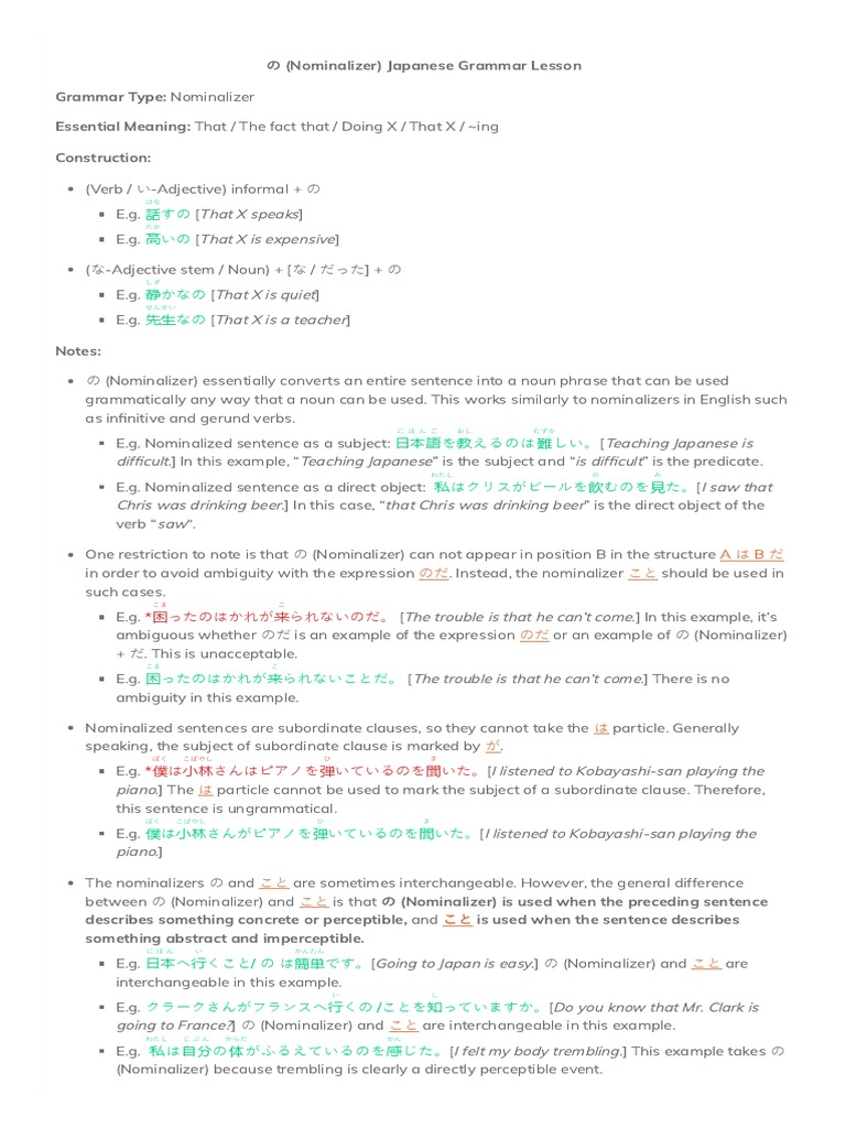の Nominalizer Japanese Grammar Lesson | PDF | Subject (Grammar ...