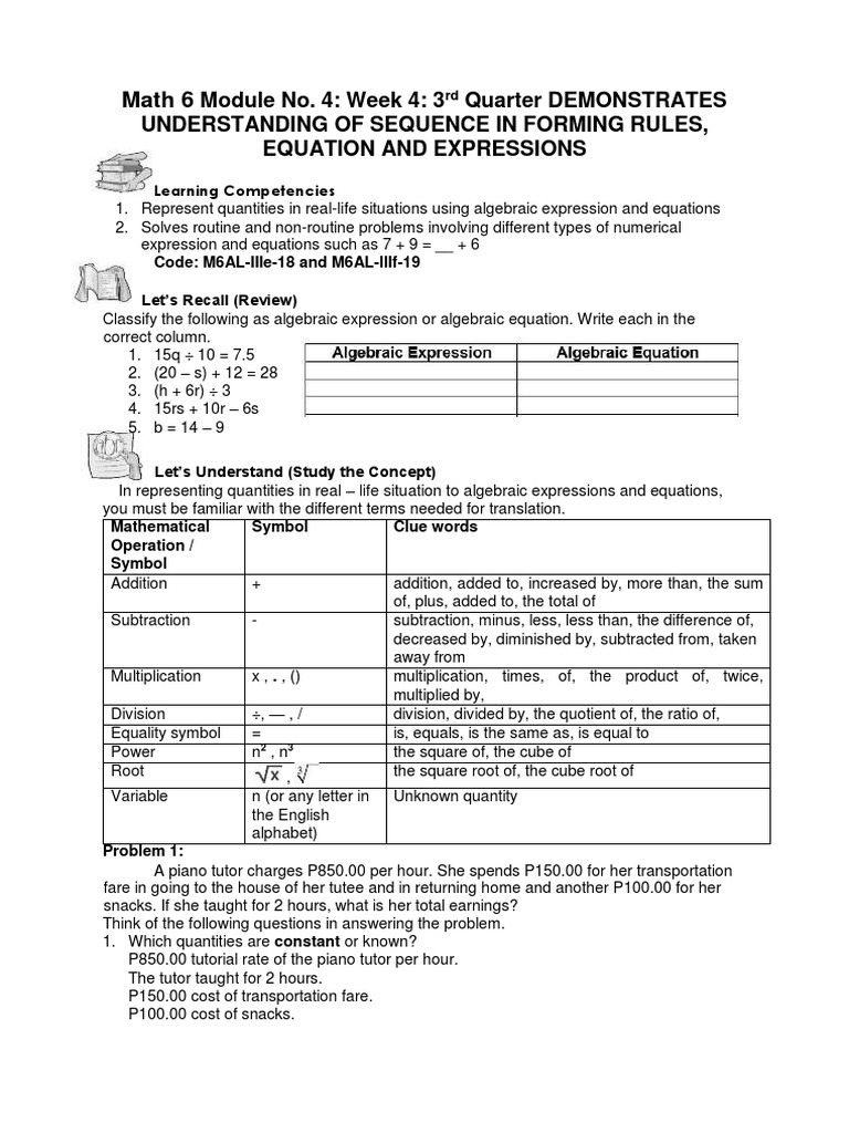 Math6 Q3 Module4 Week4 | PDF | Equations | Variable (Mathematics)