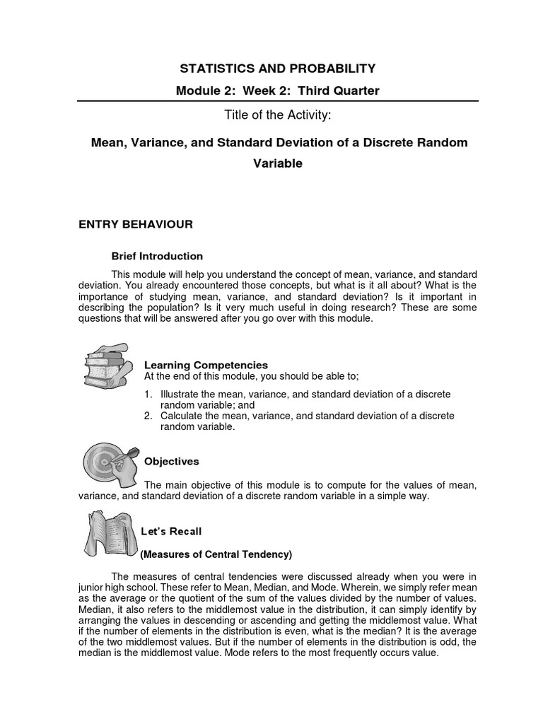 Title of The Activity: Mean, Variance, and Standard Deviation of A Discrete Random | PDF ...