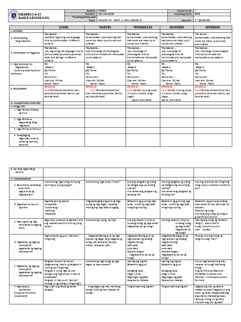 DLL - MTB 1 - Q1 - W2 | Download Free PDF | Learning | Psychological Concepts