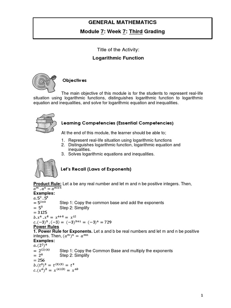 General Mathematics Module 7: Week 7: Third Grading: Logarithmic Function | PDF | Logarithm | Ph