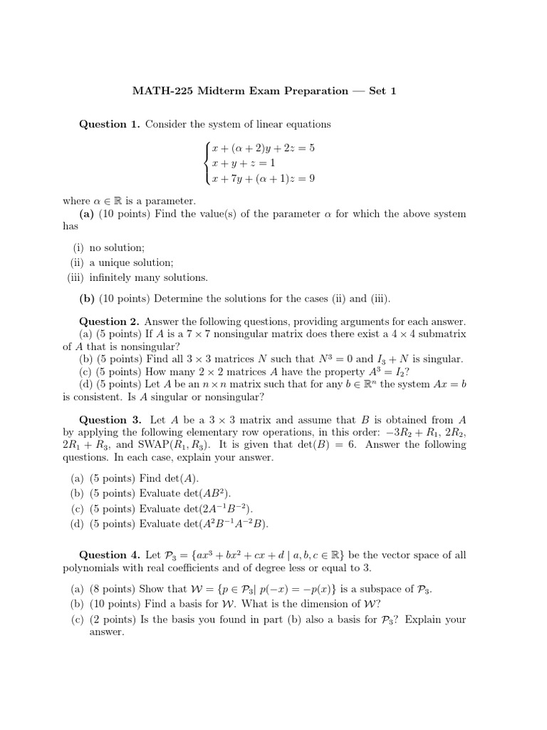 MATH225 Midterm Preparation Set1 | PDF | Matrix (Mathematics) | Basis (Linear Algebra)