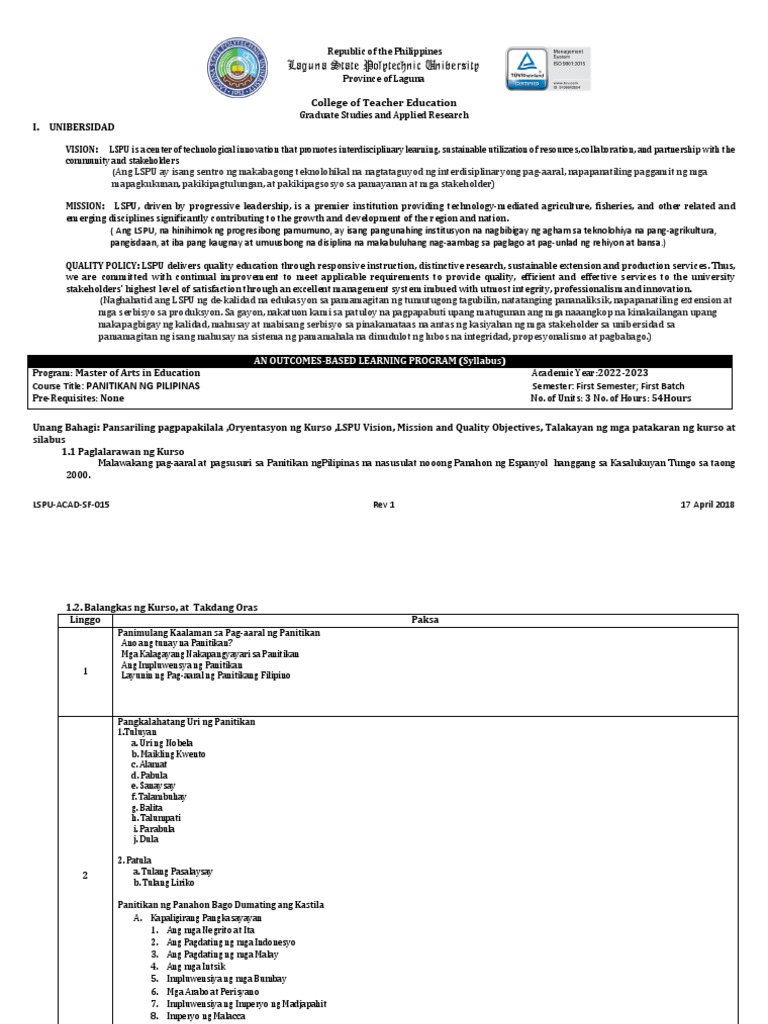 Panitikan NG Pilipinas Course Syllabus MAEd FIL MALABAYABAS | PDF