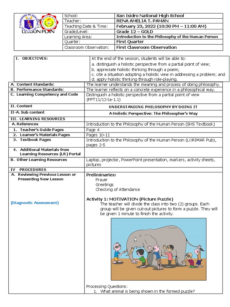 Lesson Plan in Intro. To The Philosophy of The Human Person (Holistic ...