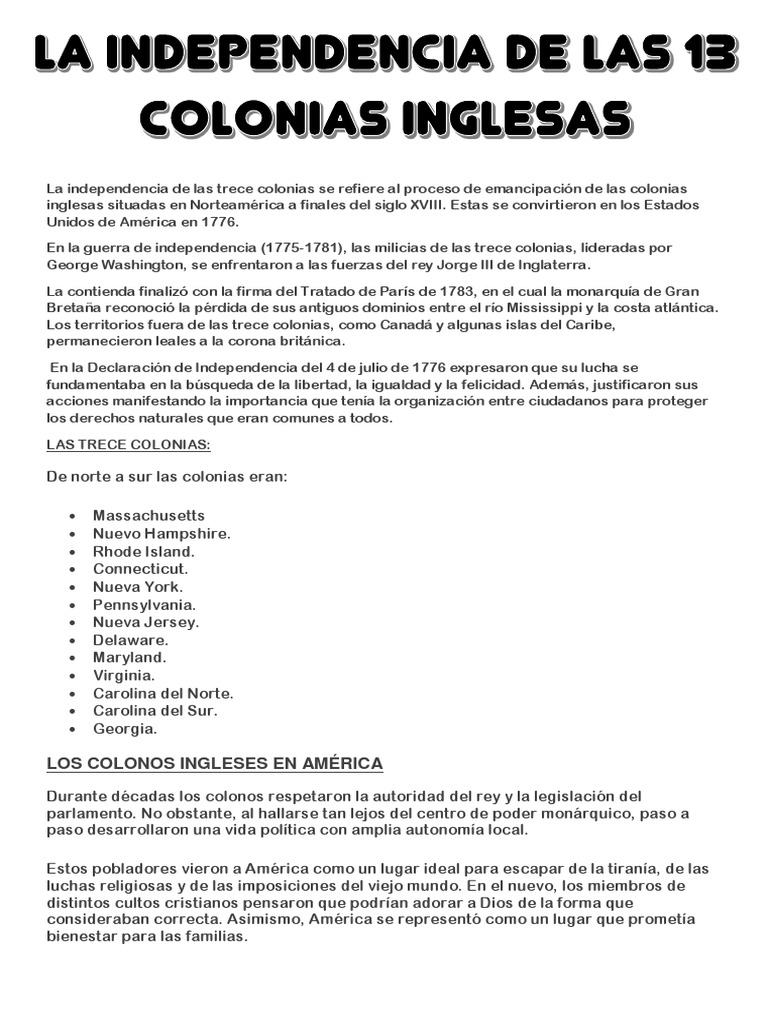 Los Colonos Ingleses en América | PDF | Trece colonias | Guerra ...