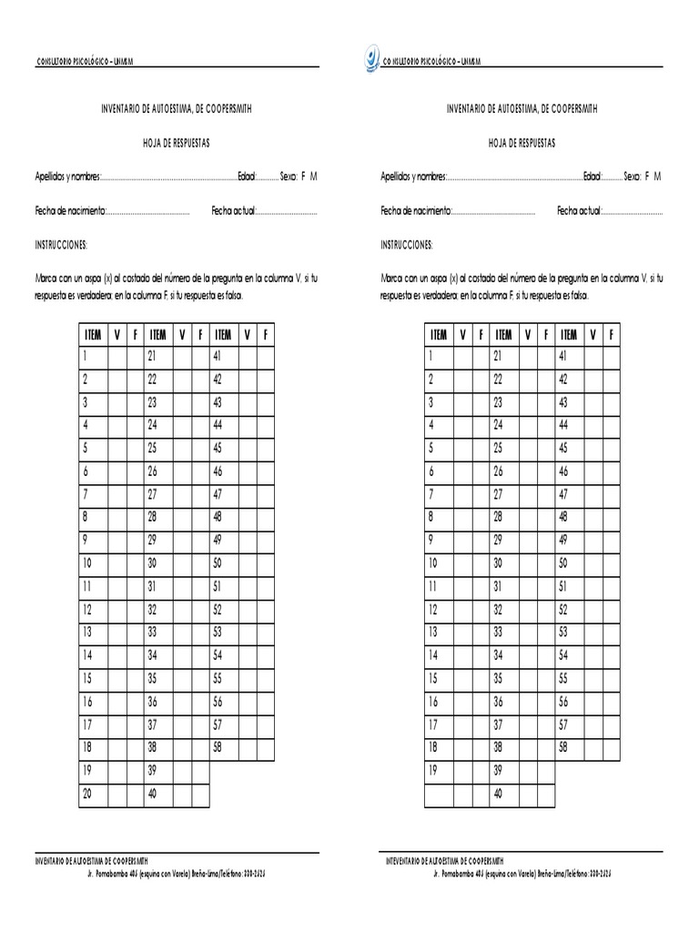 COOPERSMITH para Niños-Hoja de Respuesta | PDF