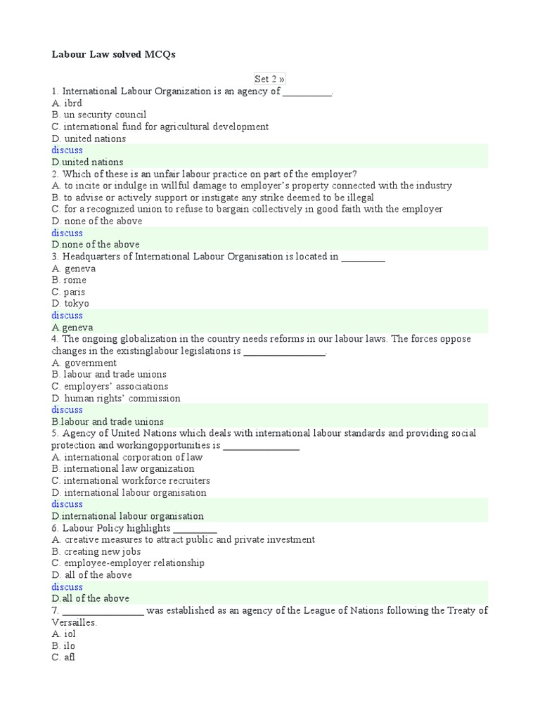 Labour Law MCQs and Key Concepts | PDF | Labour Law | Employment